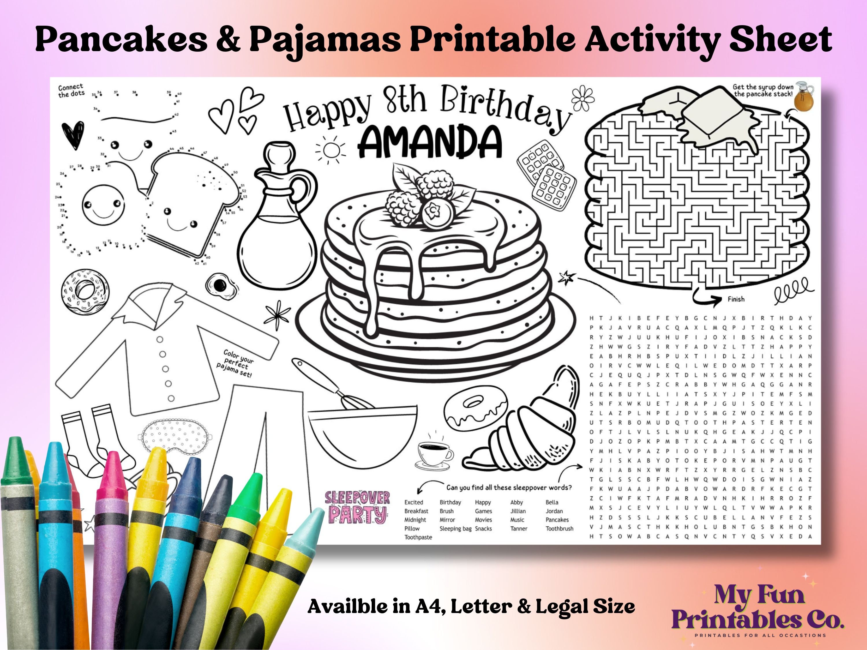 Printable Activity Sheet, Sleepover Printable, Personalized Party Decor ...