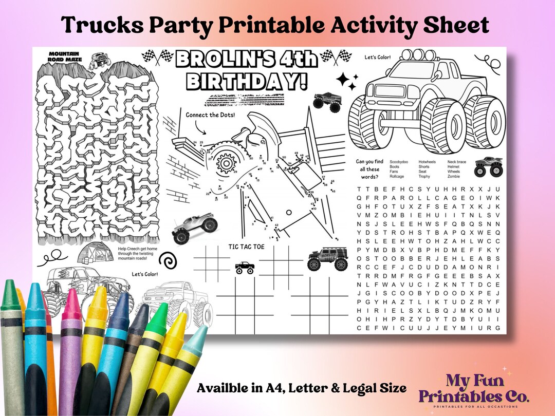 Printable Activity Sheet, Truck Party Printable, Truck Party Decor ...
