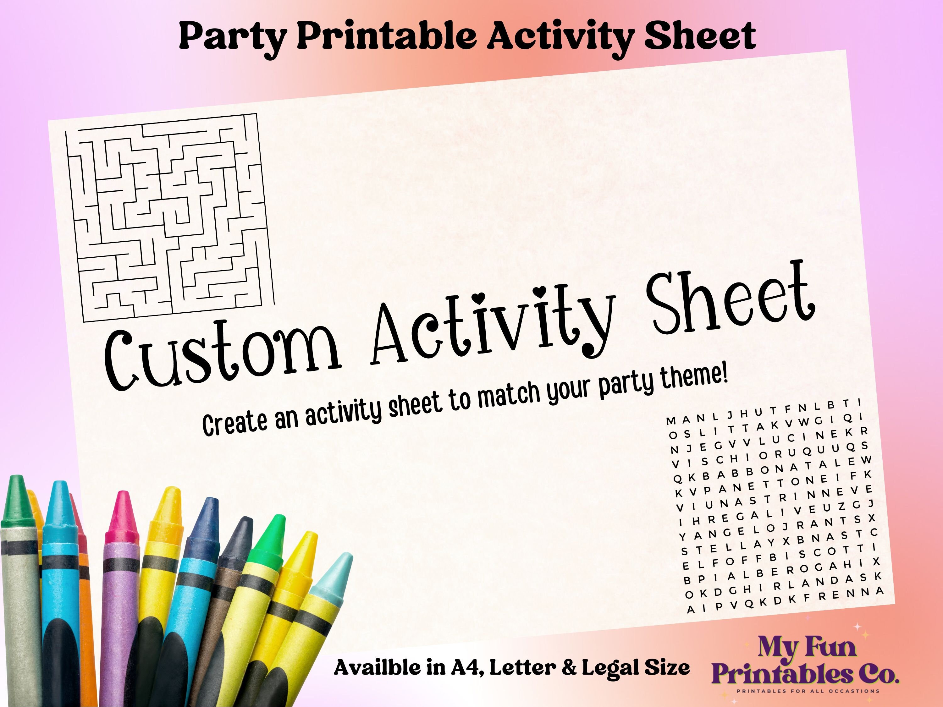 Printable Activity Sheet, Personalized Party Printable, Printable Party ...