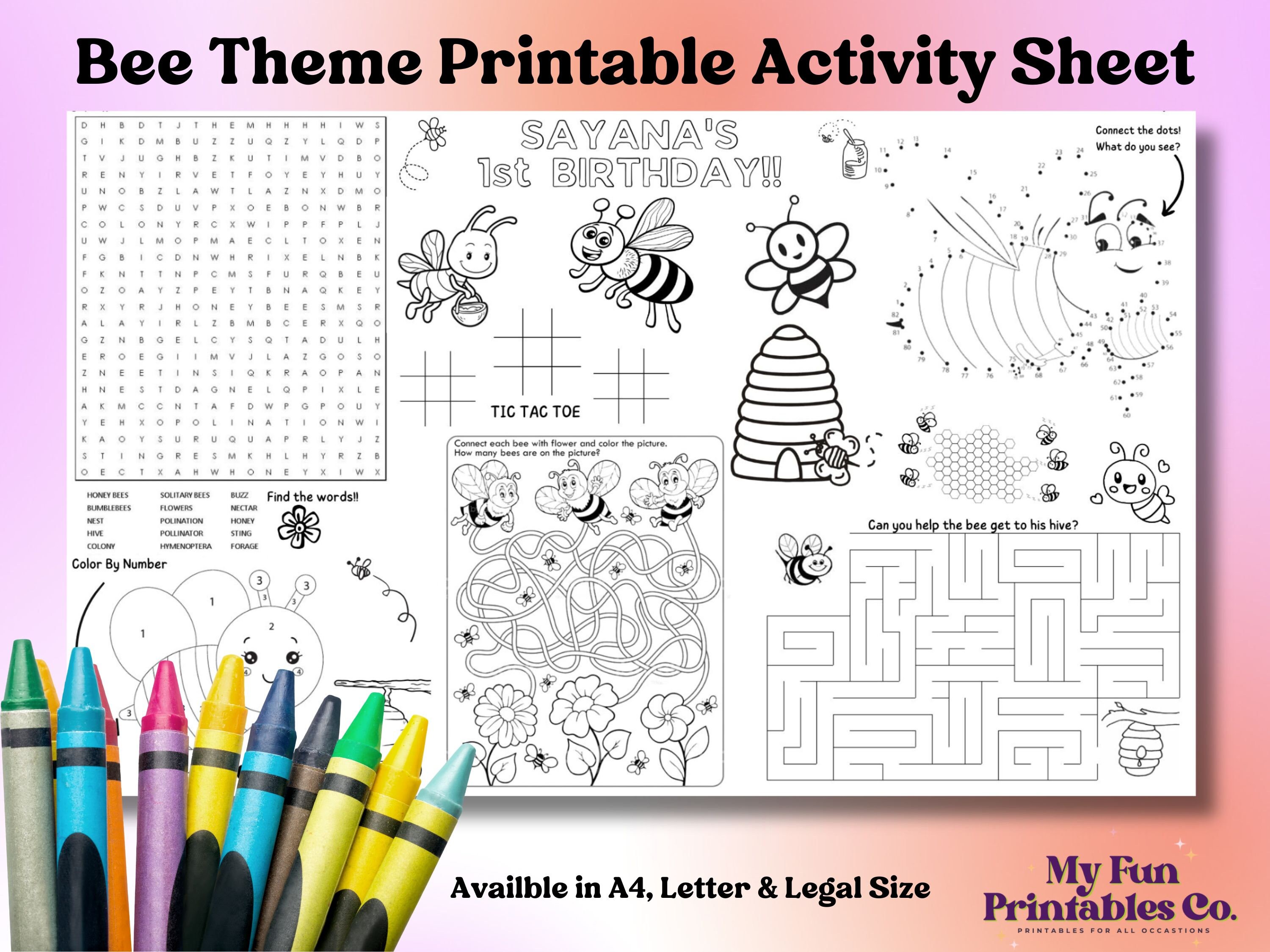 Printable Activity Sheet, Bee Theme Party Printable, Personalized Party ...