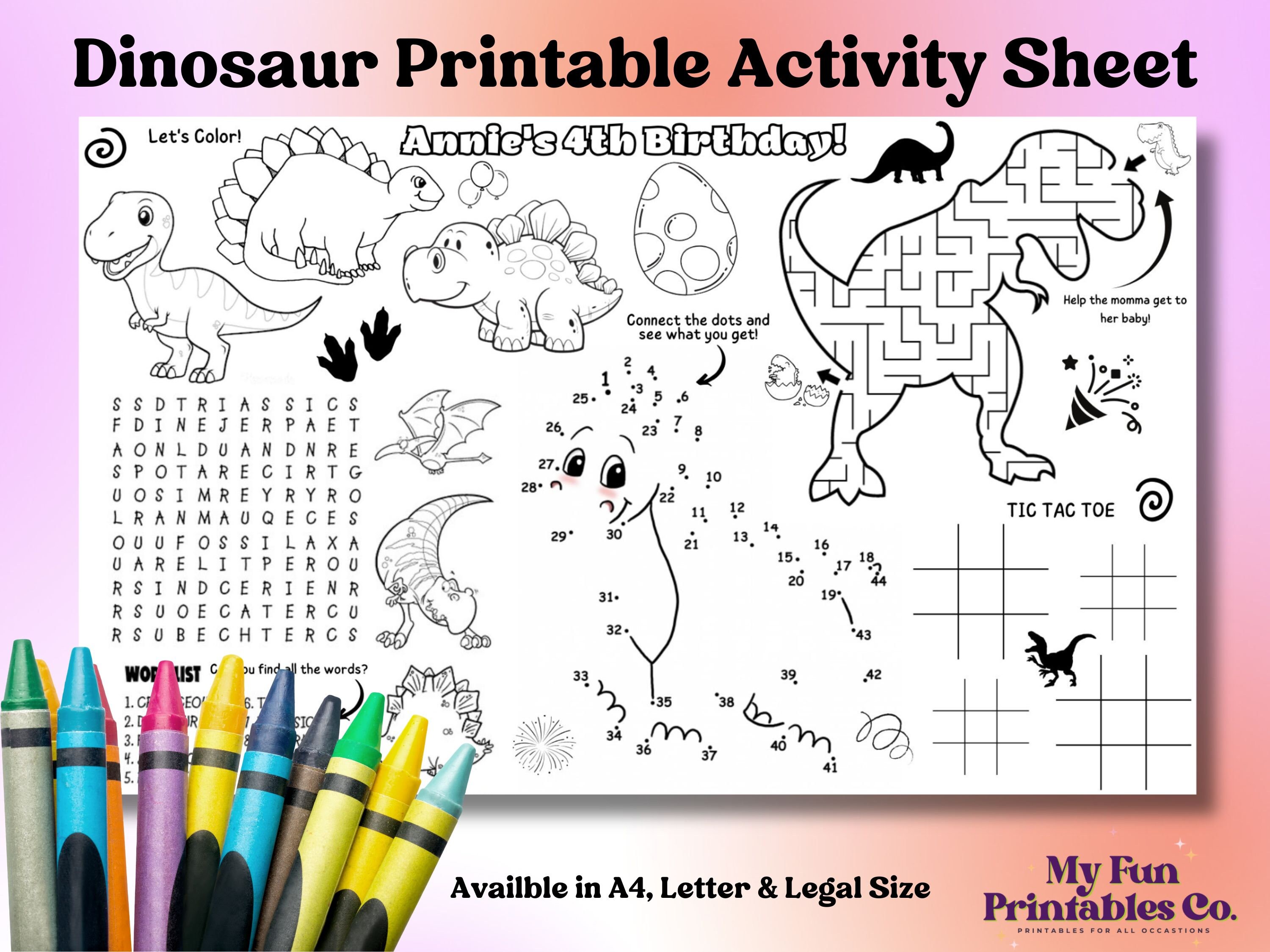Printable Activity Sheet, Dinosaur Theme Party Printable, Personalized ...
