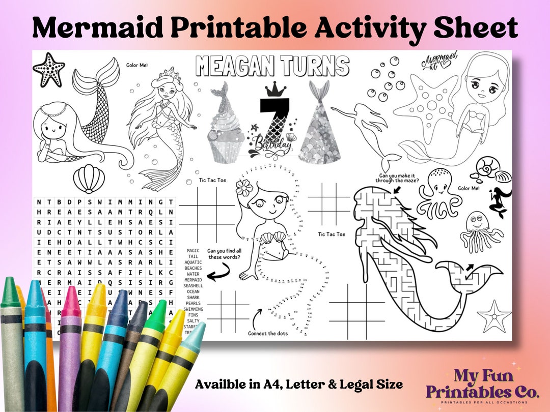 Printable Activity Sheet, Mermaid Theme Party Printable, Personalized ...