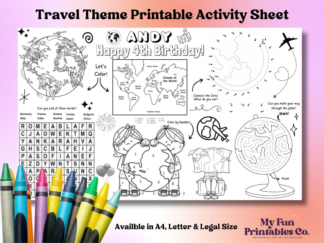Printable Activity Sheet, Travel Printable, Personalized Party Decor ...