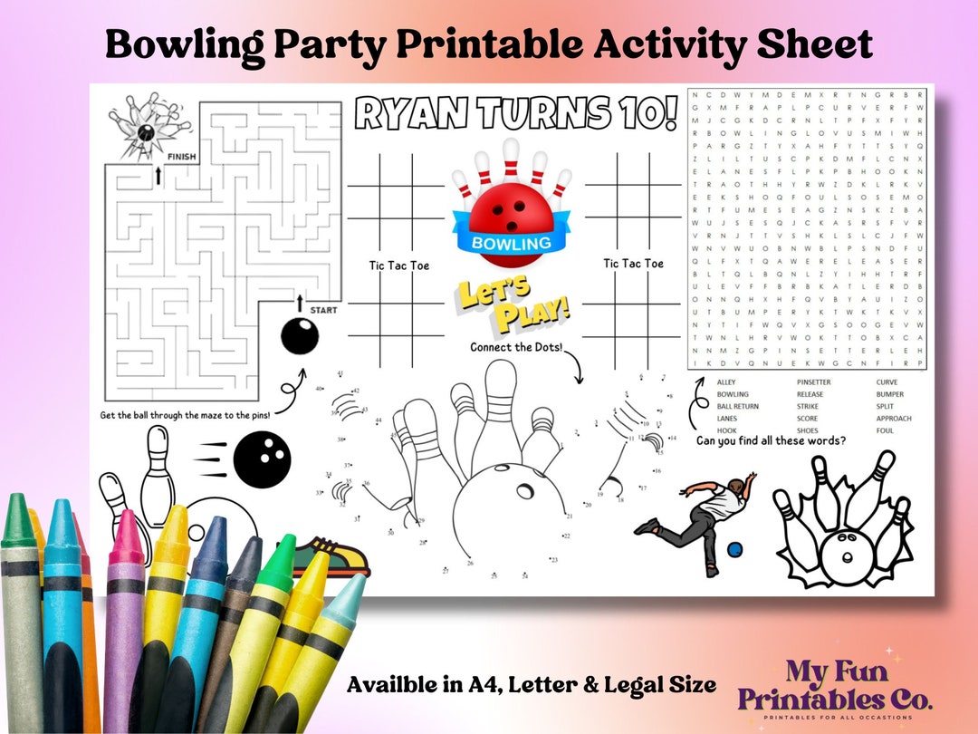 Printable Activity Sheet, Bowling Party Printable, Personalized Party ...