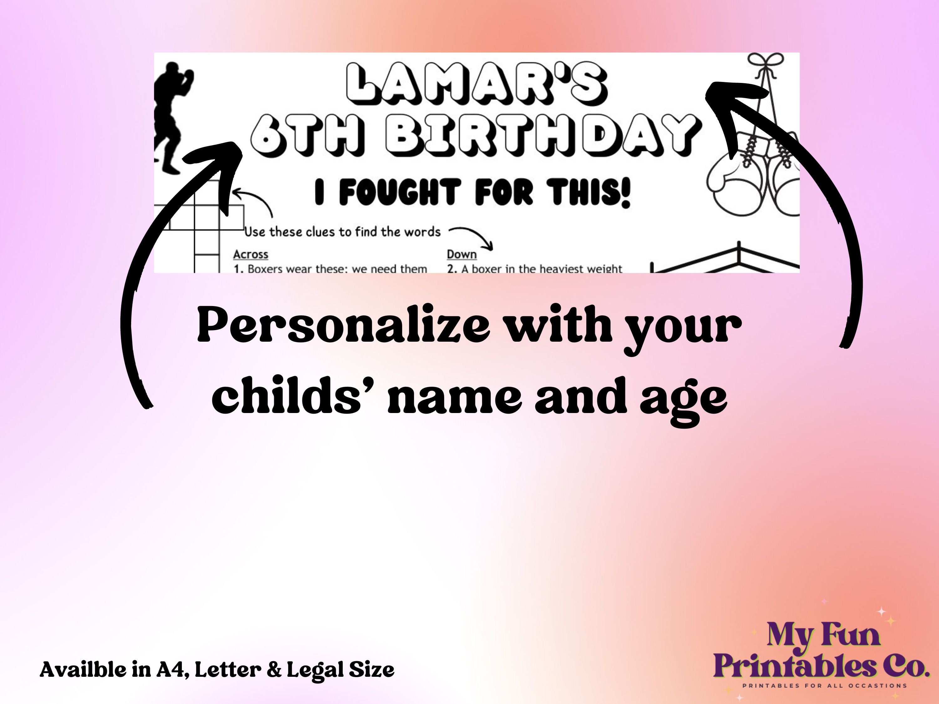 Printable Activity Sheet, Boxing Printable, Personalized Party Decor ...