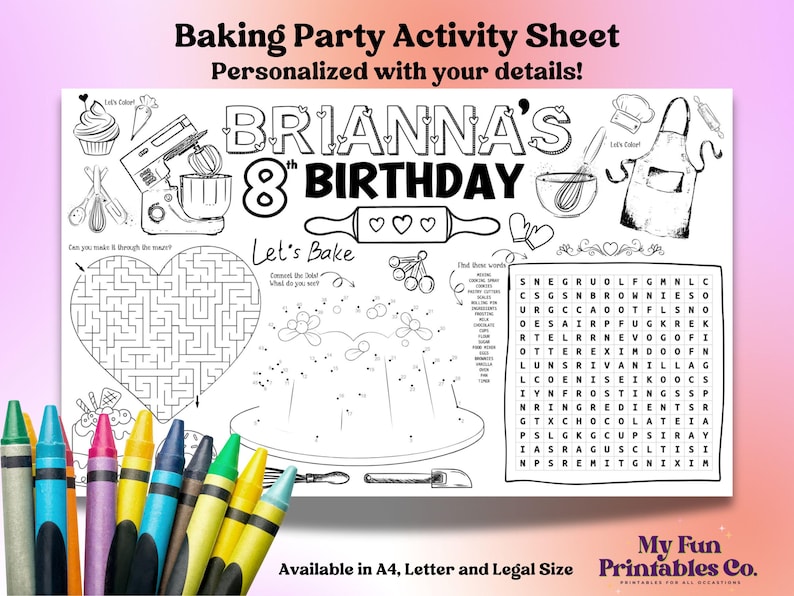 Printable Activity Sheet, Baking Party Printable, Baking Party Decor ...