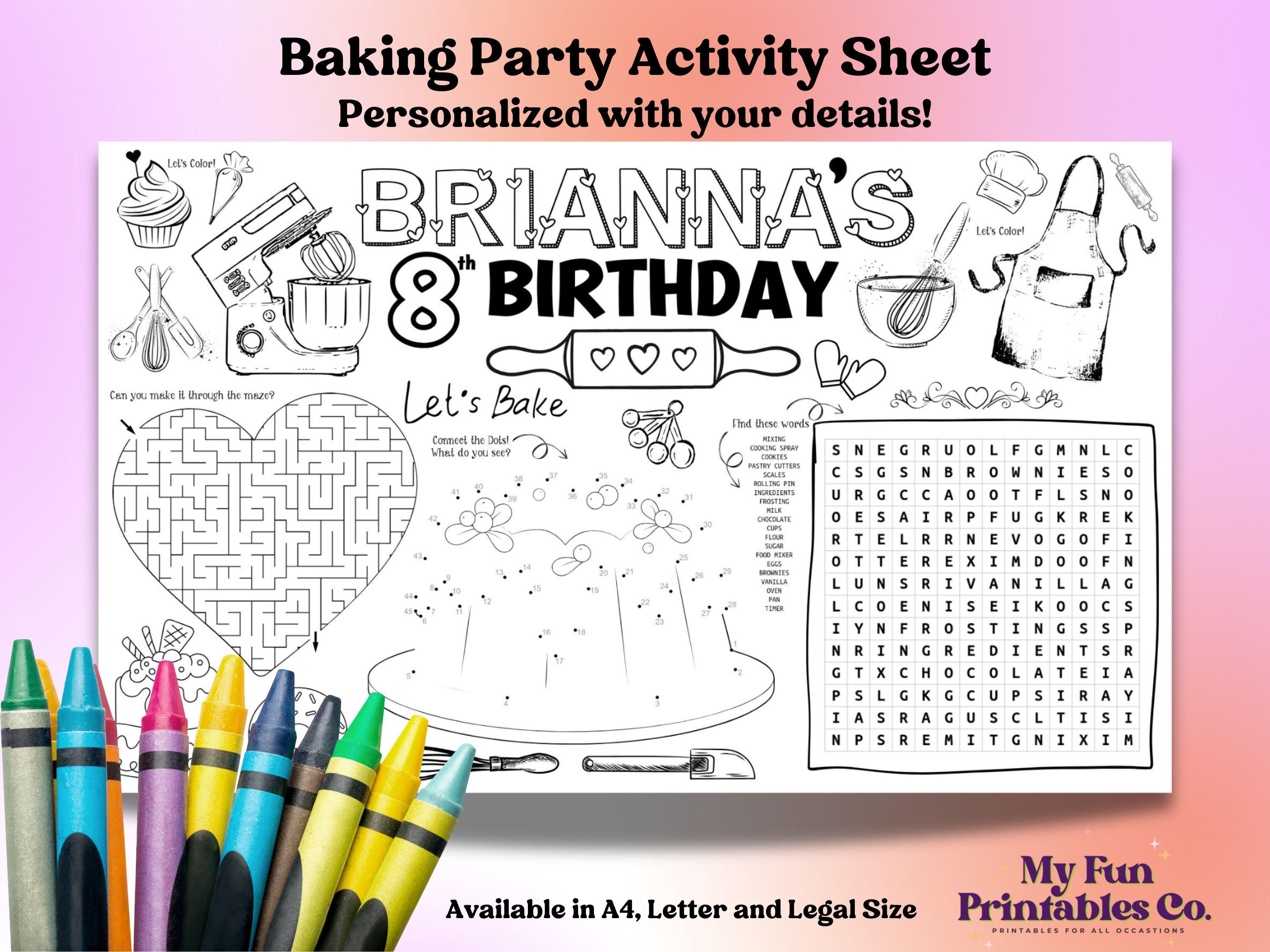 Printable Activity Sheet, Baking Party Printable, Baking Party Decor ...