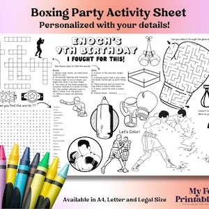 Printable Activity Sheet, Boxing Printable, Personalized Party Decor ...