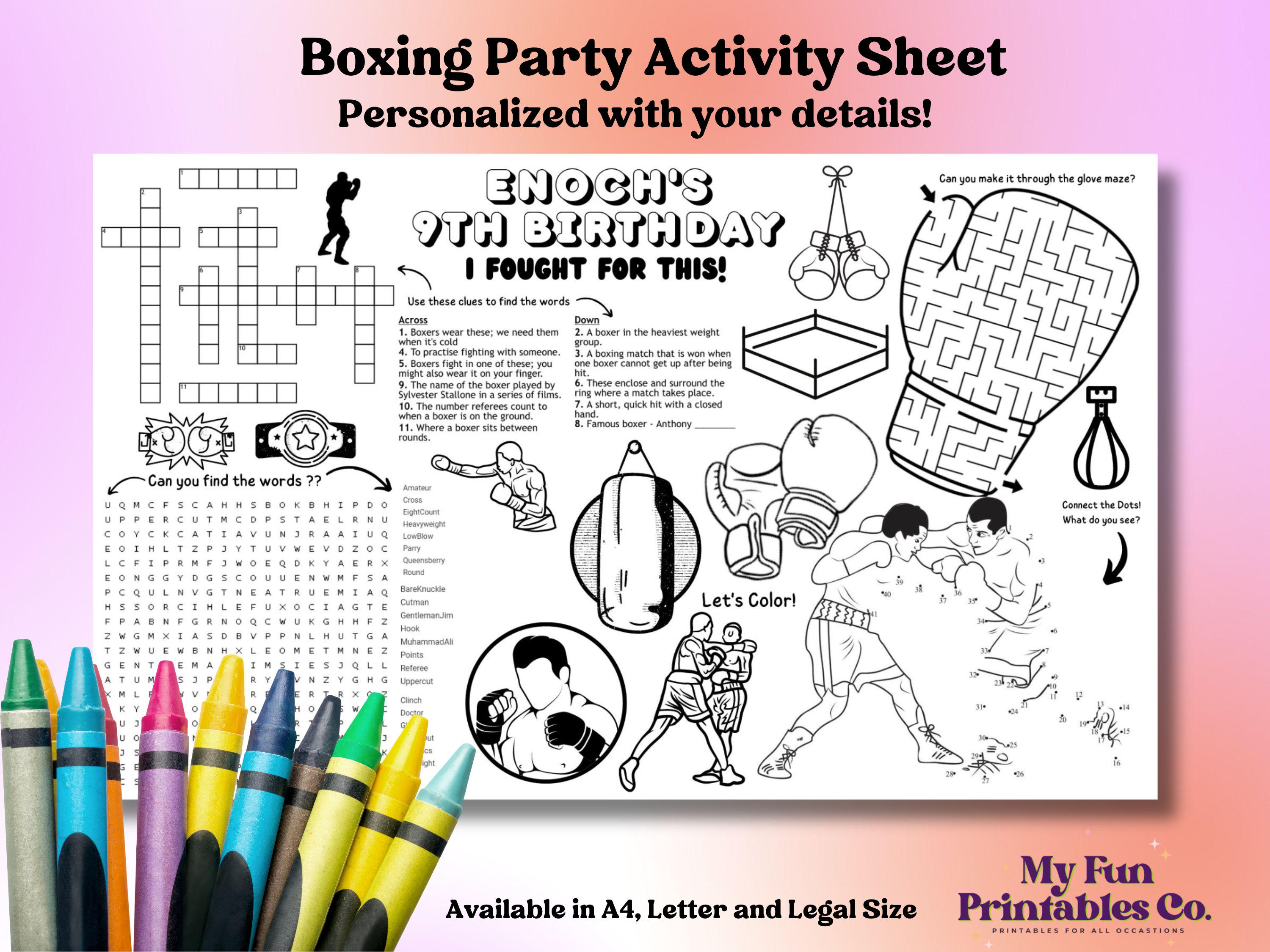 Printable Activity Sheet, Boxing Printable, Personalized Party Decor ...