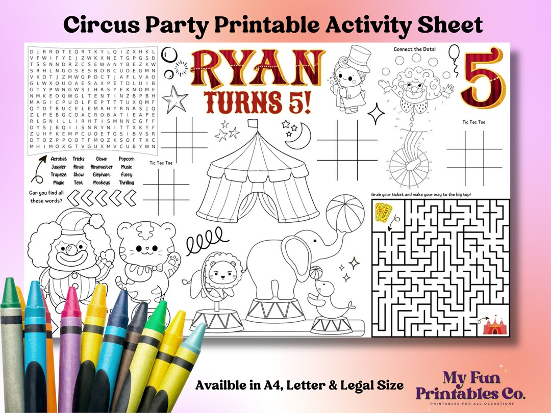 Printable Activity Sheet, Circus Party Printable, Circus Party Decor ...