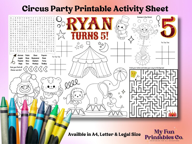 Printable Activity Sheet, Circus Party Printable, Circus Party Decor ...
