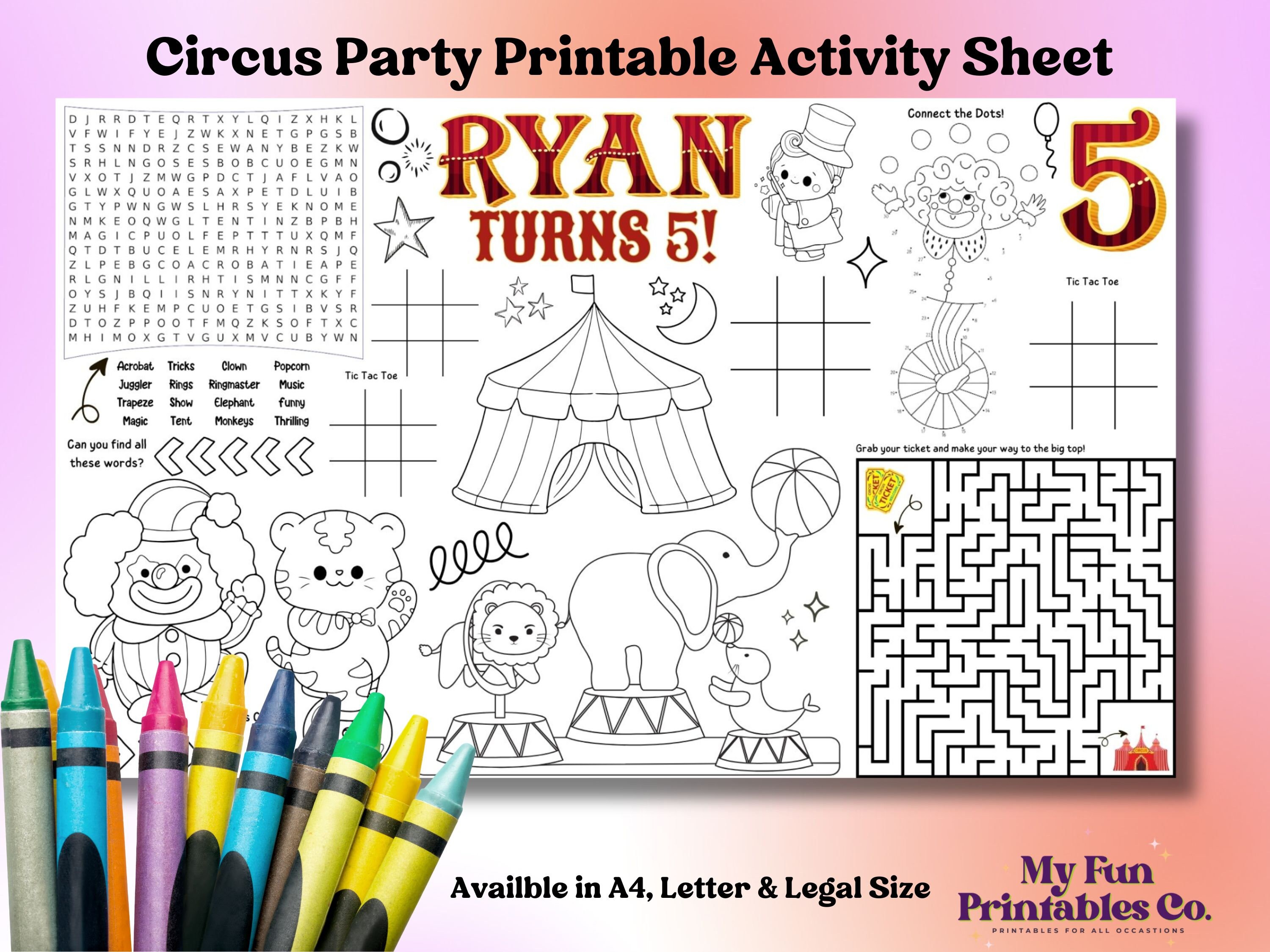 Printable Activity Sheet, Circus Party Printable, Circus Party Decor ...