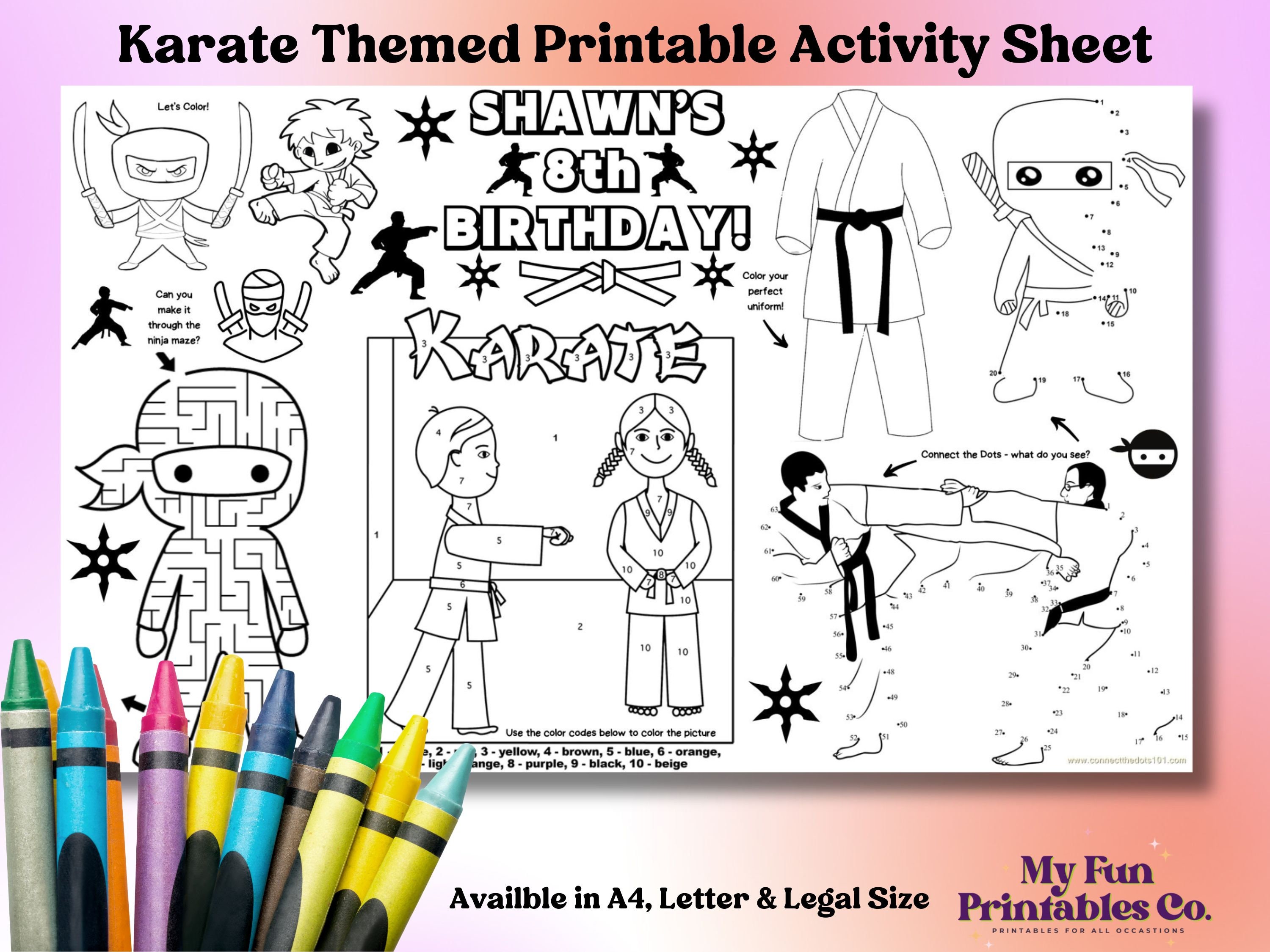 Printable Activity Sheet, Karate Party Printable, Karate Party Decor ...