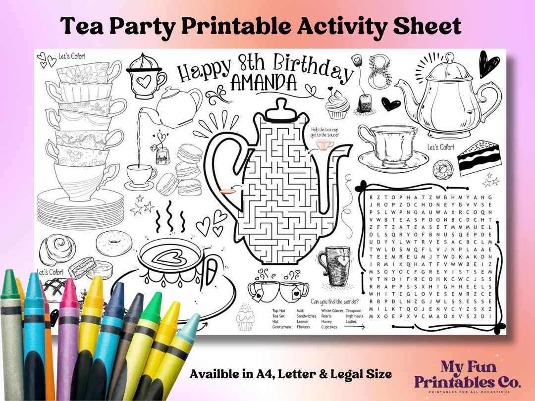 Printable Activity Sheet, Tea Party Theme Printable, Personalized Party ...