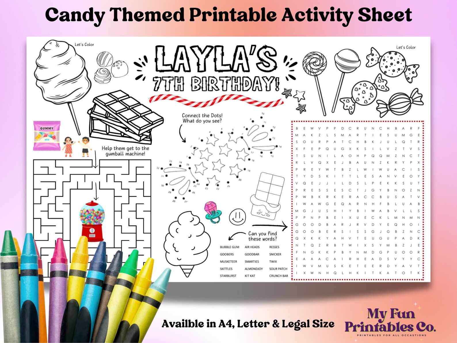 Printable Activity Sheet, Candy Party Printable, Candy Party Decor ...