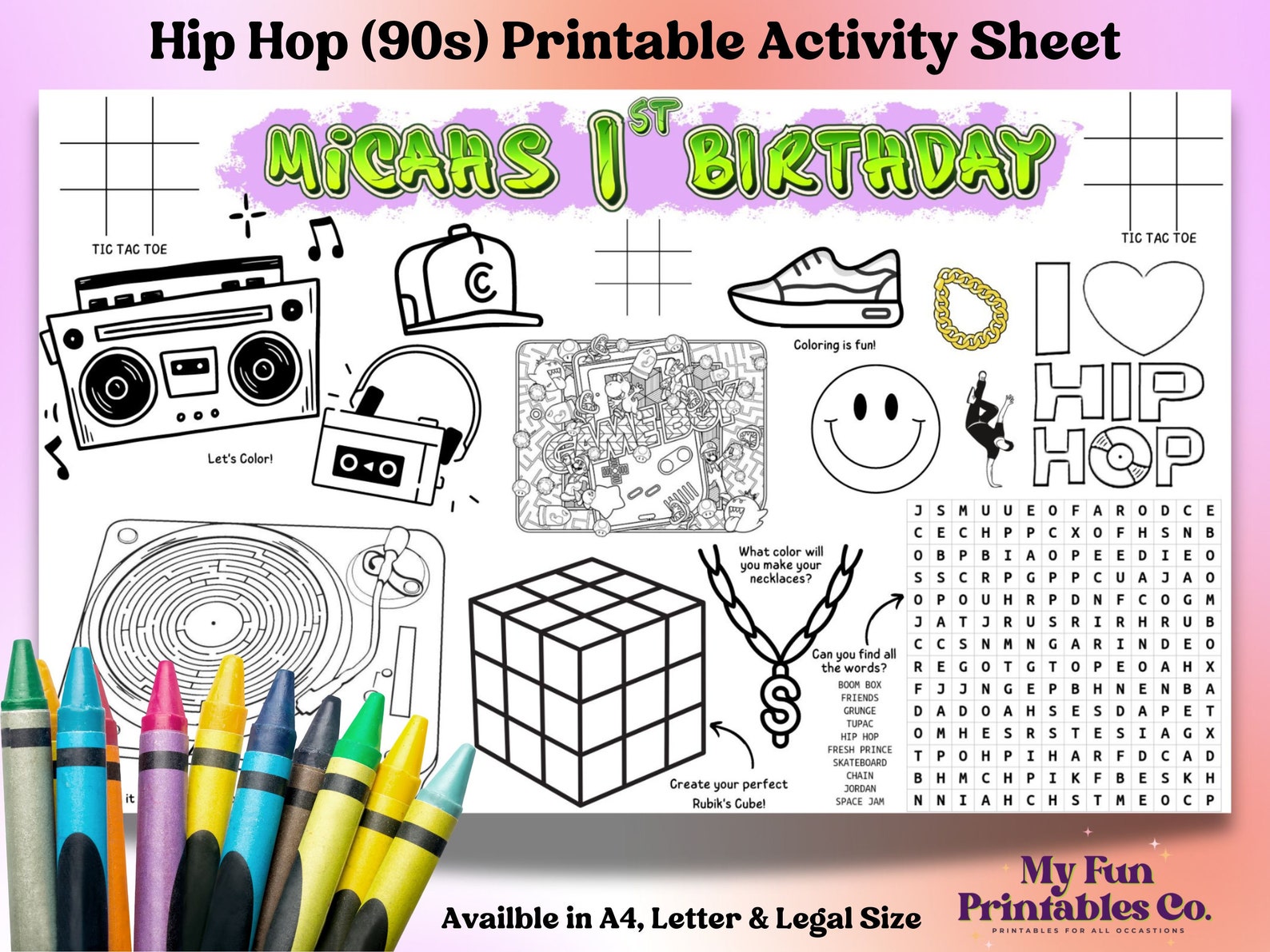 Printable Activity Sheet, Hip Hop Party Printable, 90s Party Decor, Hip ...