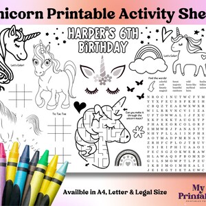 Printable Activity Sheet, Unicorn Theme Party Printable, Personalized ...