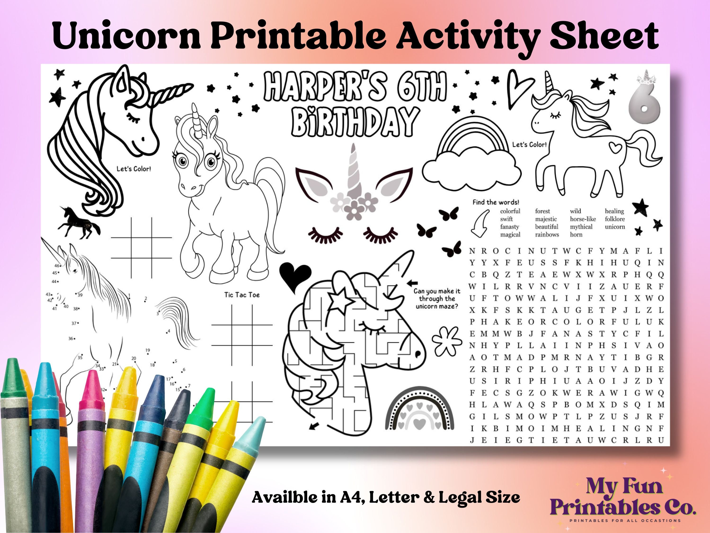 Printable Activity Sheet, Unicorn Theme Party Printable, Personalized ...