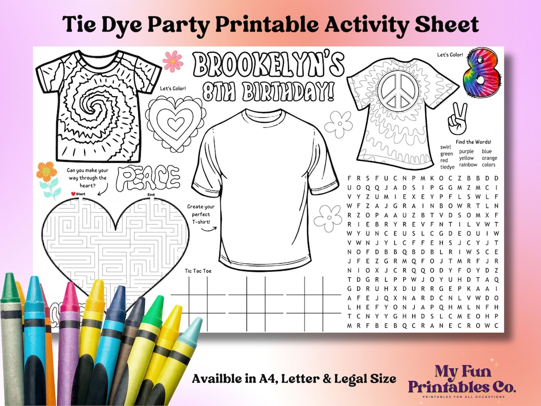 Printable Activity Sheet, Tie Dye Printable, Personalized Party Decor ...