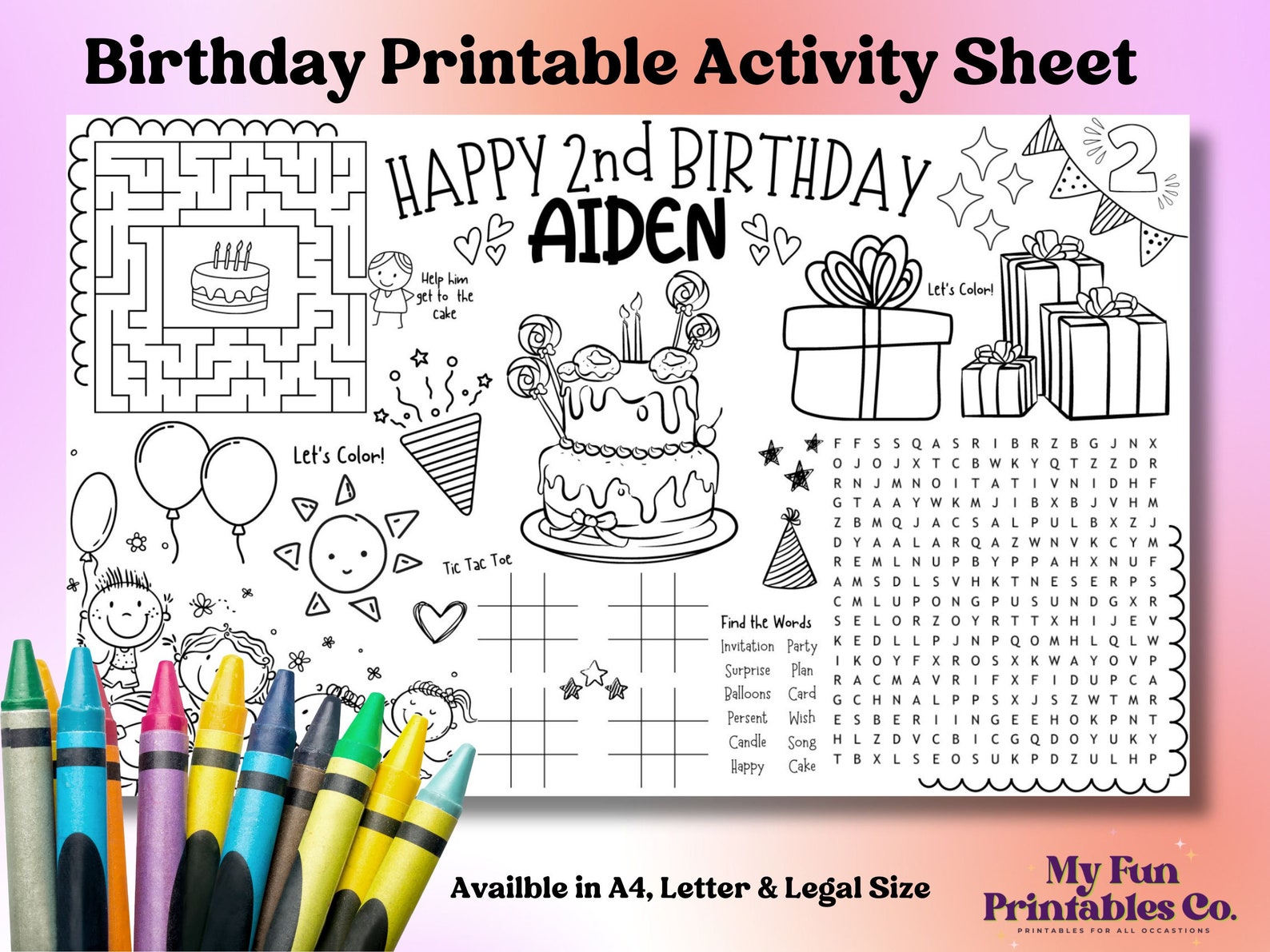 Printable Activity Sheet, Birthday Party Printable, Personalized Party ...