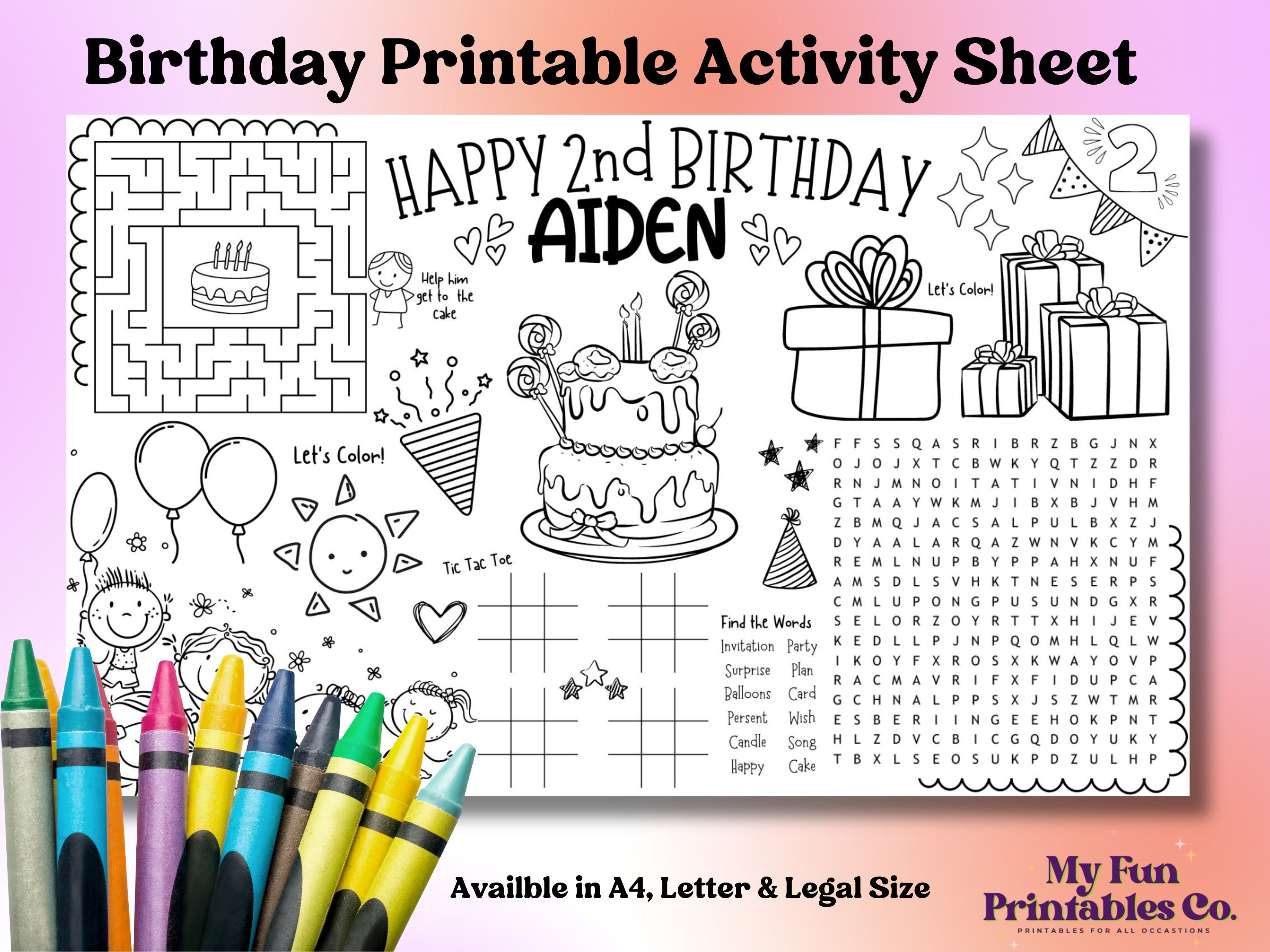Printable Activity Sheet, Birthday Party Printable, Personalized Party ...