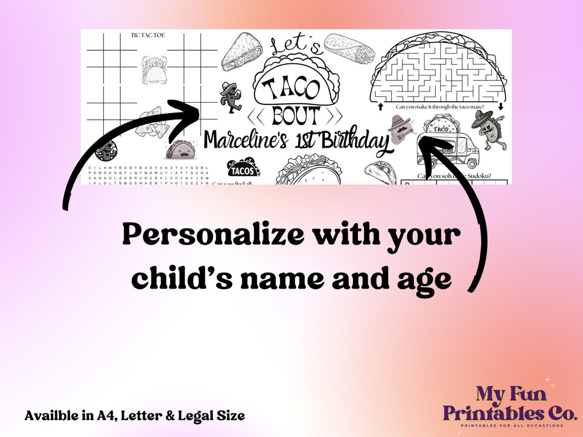 Printable Activity Sheet, Taco Printable, Personalized Decor, Taco ...