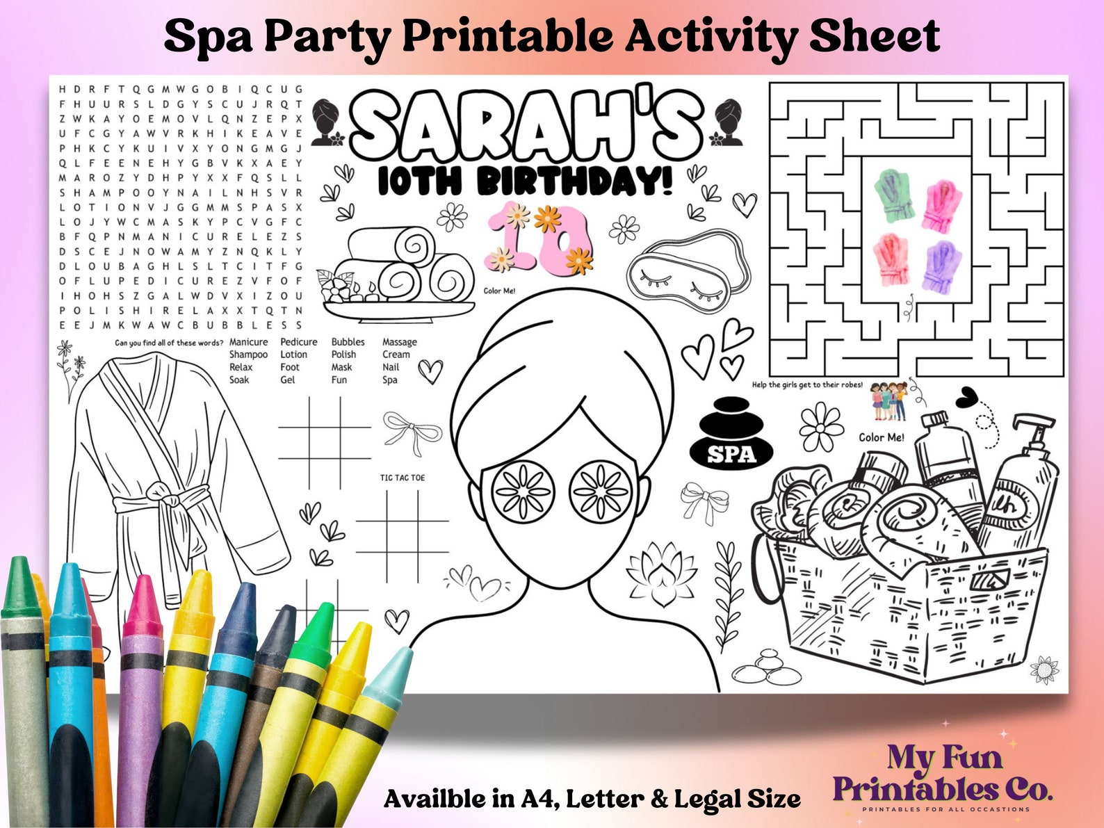 Printable Activity Sheet, Spa Party Printable, Spa Party Decor, Spa Day ...