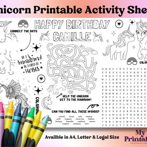 Printable Activity Sheet, Unicorn Theme Party Printable, Personalized ...