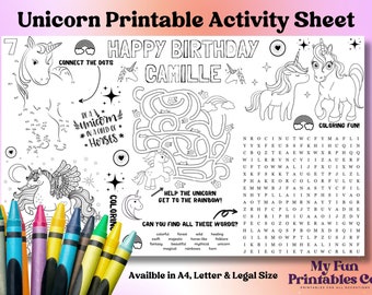 Printable Activity Sheet, Unicorn Theme Party Printable, Personalized ...