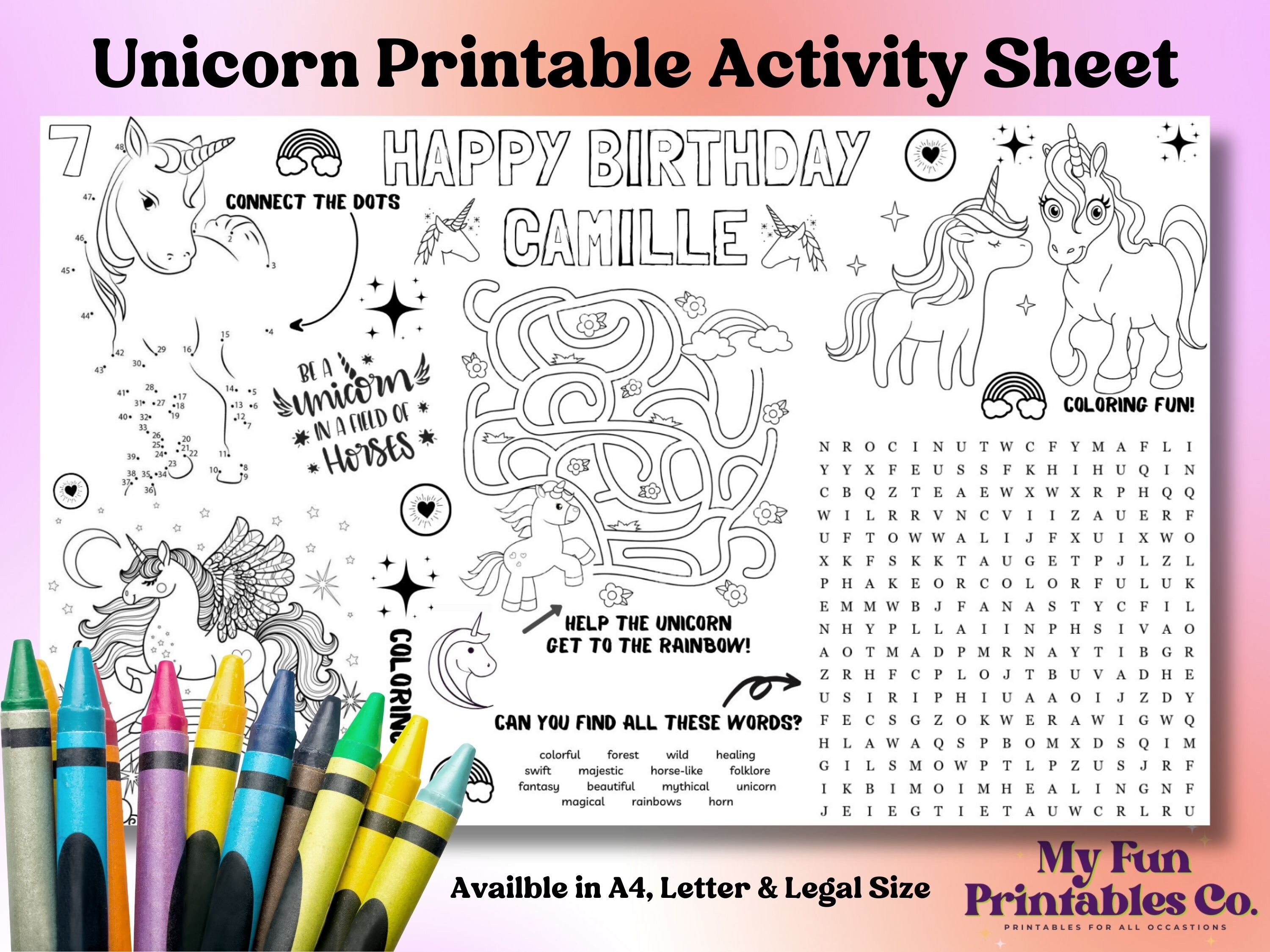 Printable Activity Sheet, Unicorn Theme Party Printable, Personalized ...