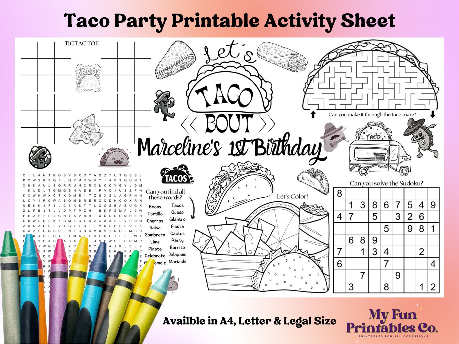 Printable Activity Sheet, Taco Printable, Personalized Decor, Taco ...