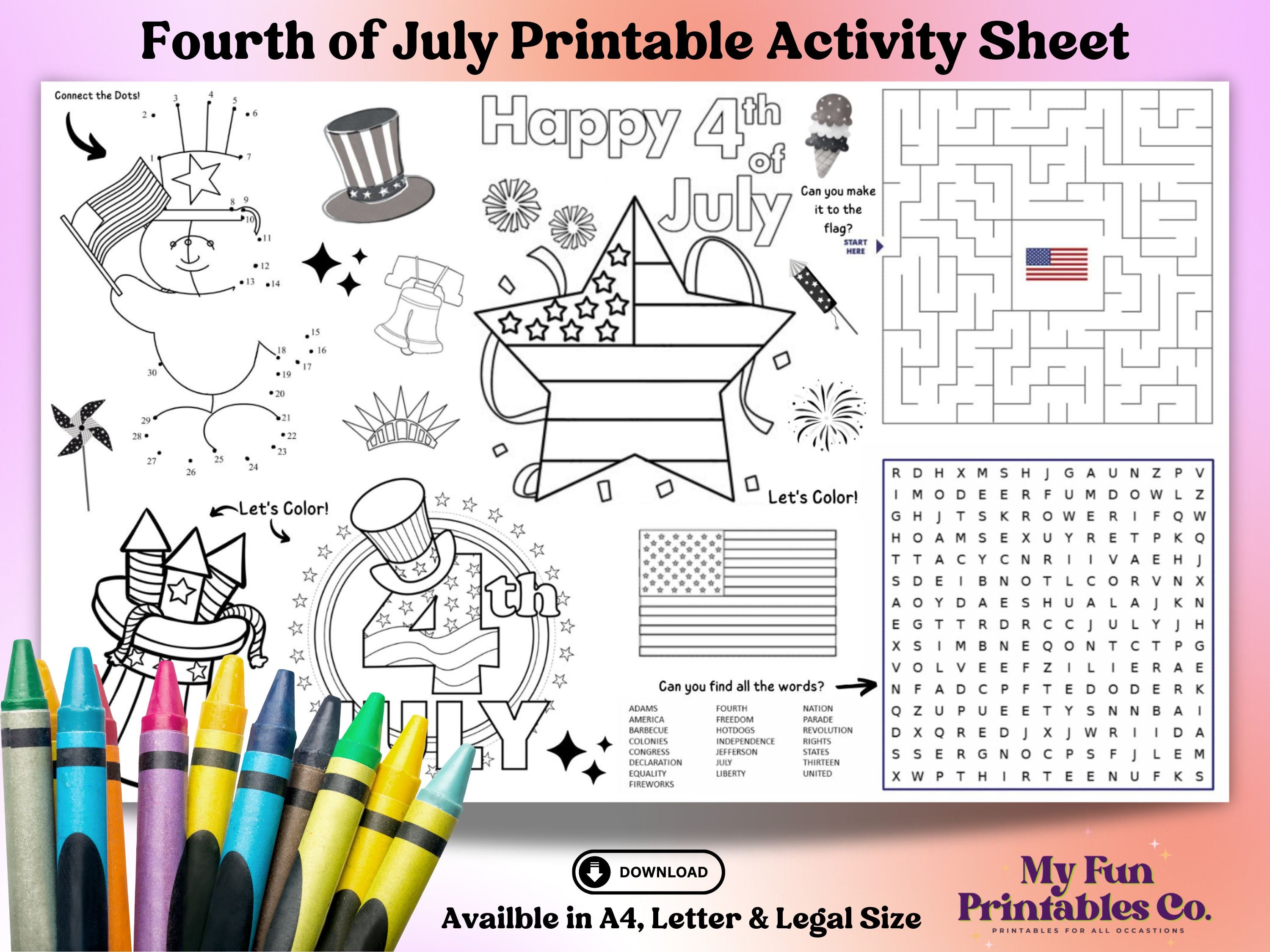 Fourth of July Activity Sheet, Patriotic Printable (PDF & JPEG) - Etsy