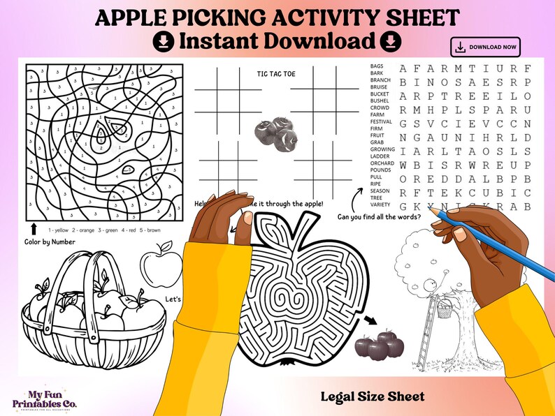 Apple Picking Coloring Page: Fall Activity, Printable Sheet (PDF & JPEG ...