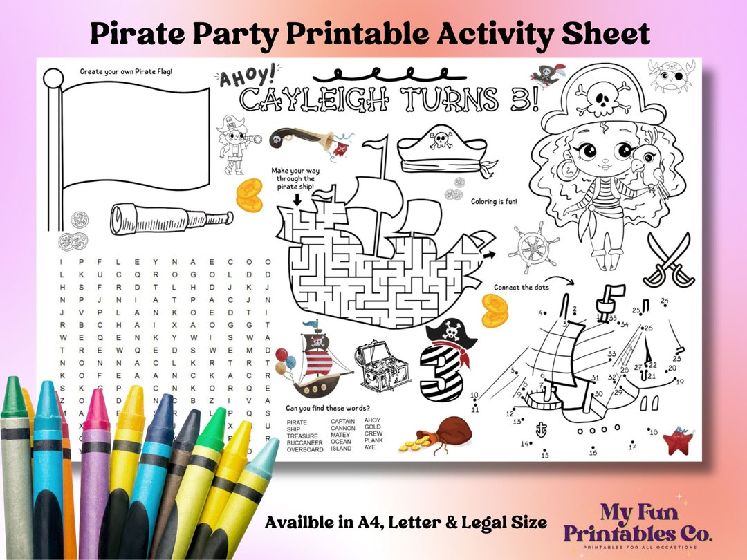 Printable Activity Sheet, Pirate Party Printable, Party Decor, Pirate ...