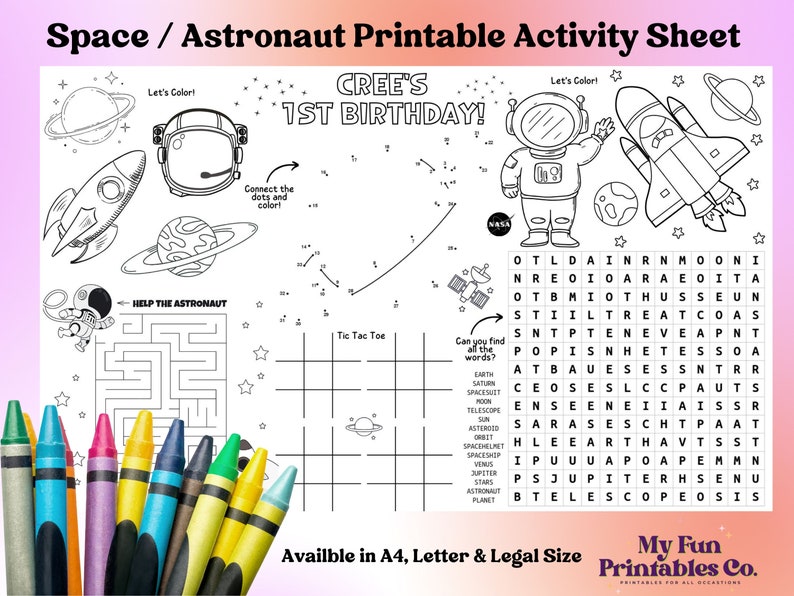 Printable Activity Sheet, Space Printable, Personalized Decor, Outer ...