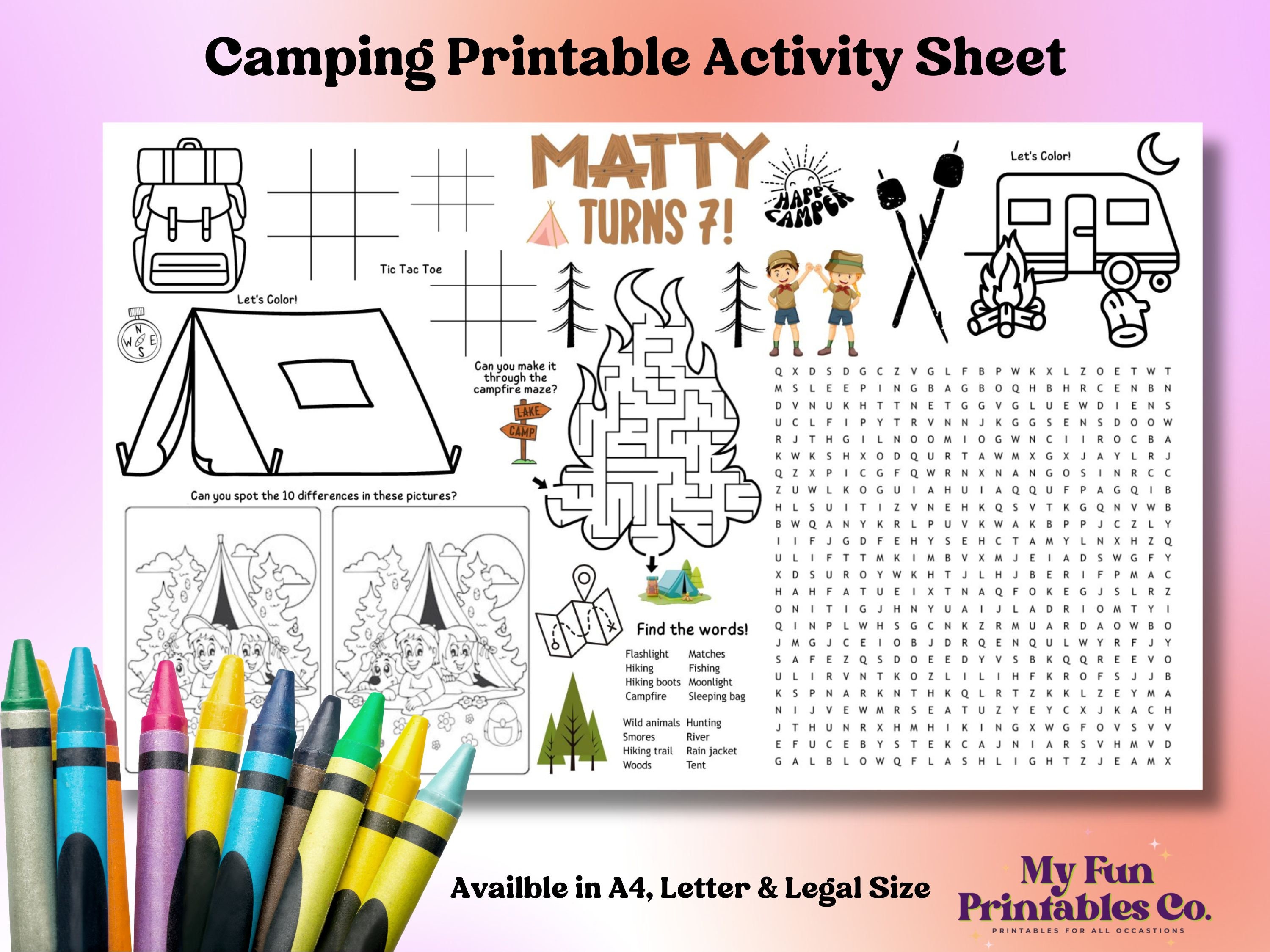 Printable Activity Sheet, Camping Printable, Personalized Decor ...