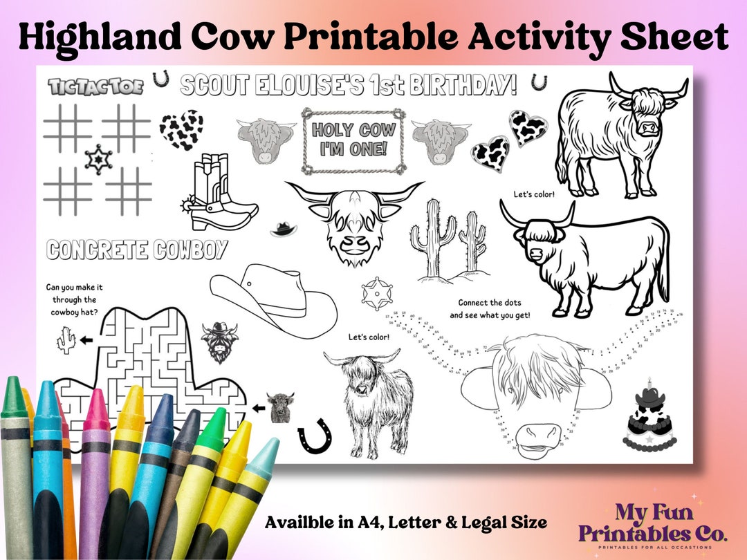Printable Activity Sheet, Highland Cow Party Printable, Personalized ...