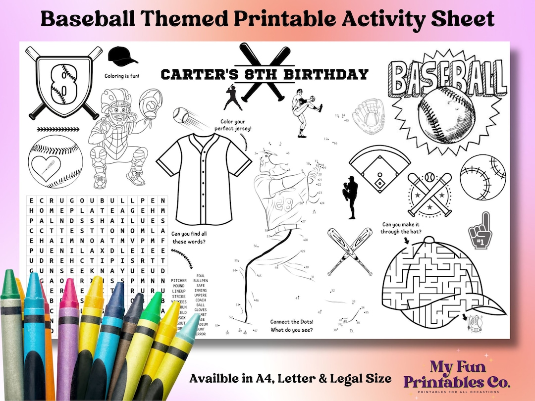 Printable Activity Sheet, Baseball Party Printable, Baseball Party ...