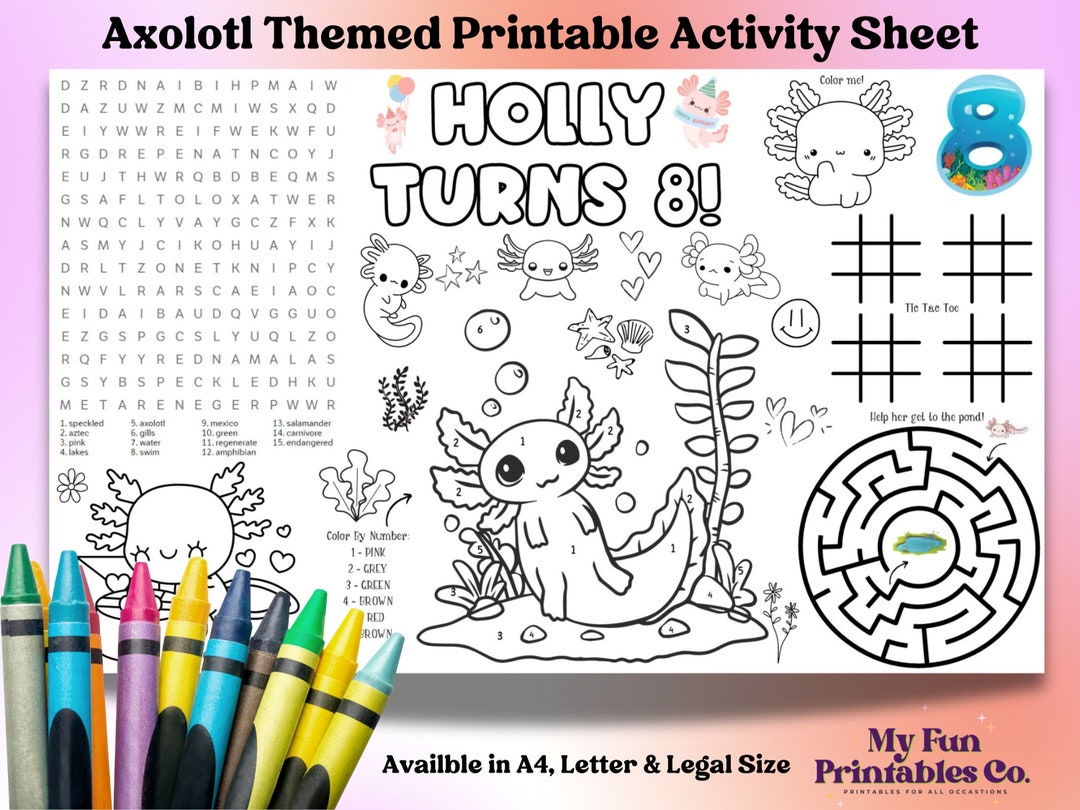 Printable Activity Sheet, Axolotl Party Printable, Axolotl Party Decor ...