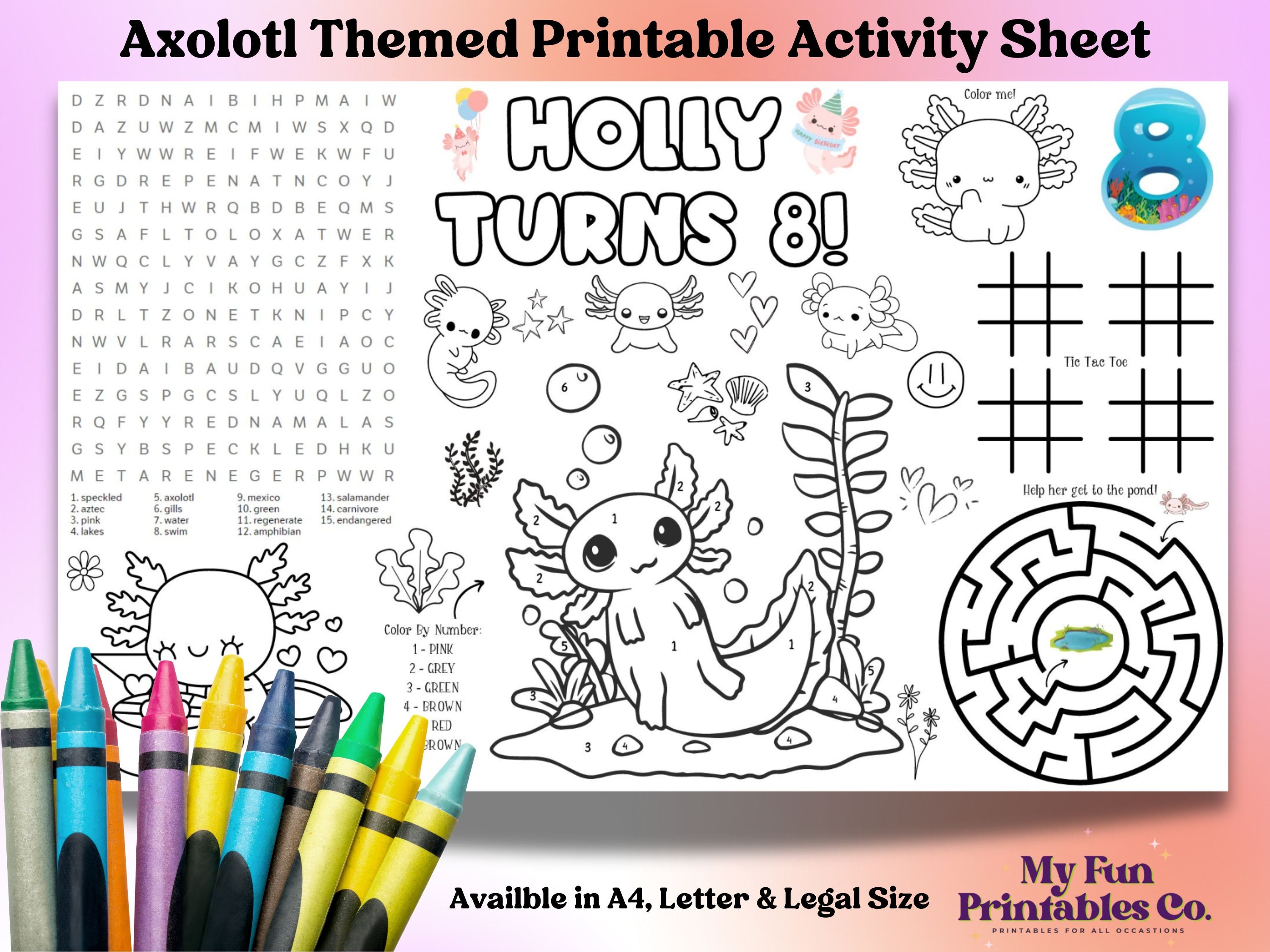 Printable Activity Sheet, Axolotl Party Printable, Axolotl Party Decor ...