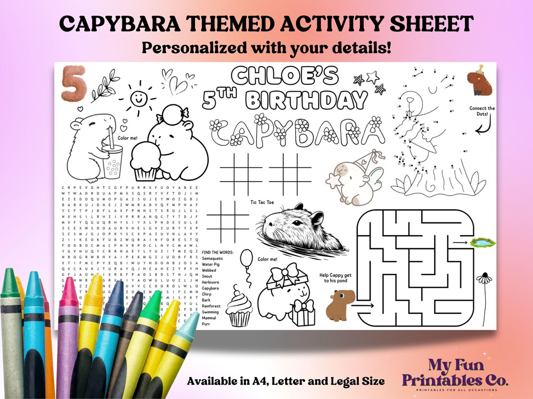 Printable Activity Sheet, Capybara Party Printable, Capybara Party ...