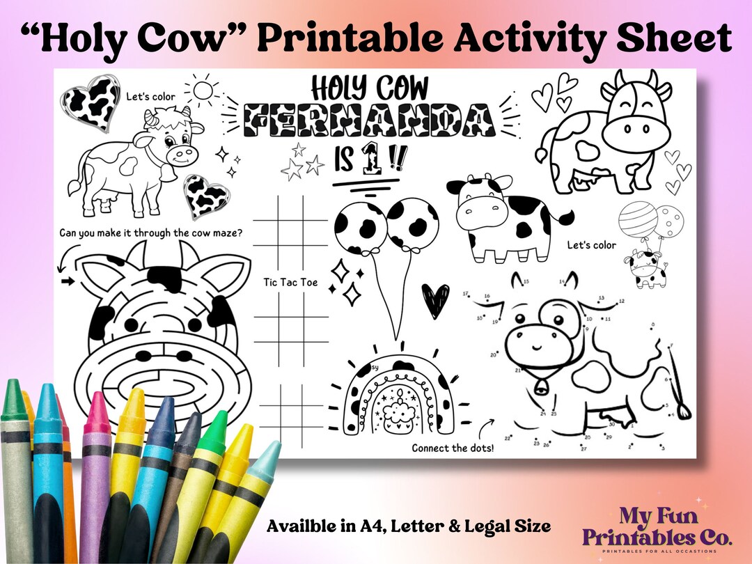 Printable Activity Sheet, Cow Theme Party Printable, Personalized Party ...