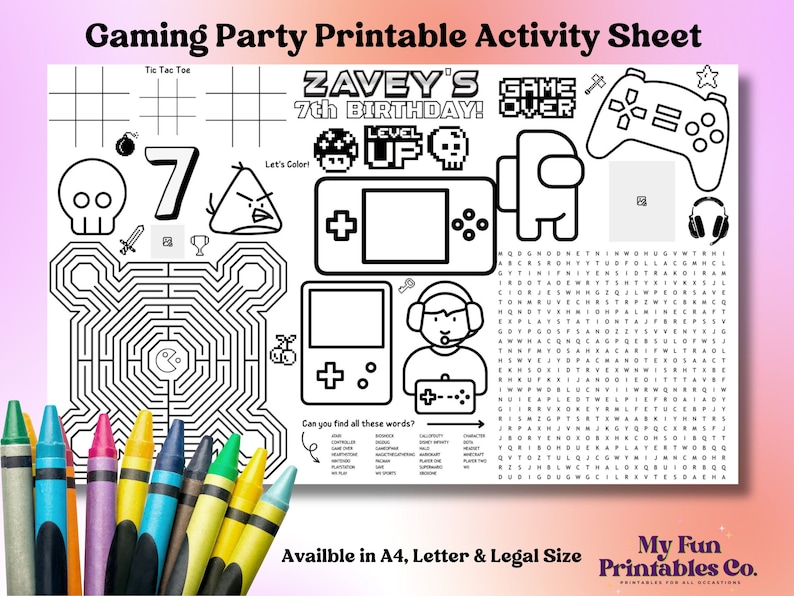 Printable Activity Sheet, Gaming Party Printable, Gaming Party Decor ...