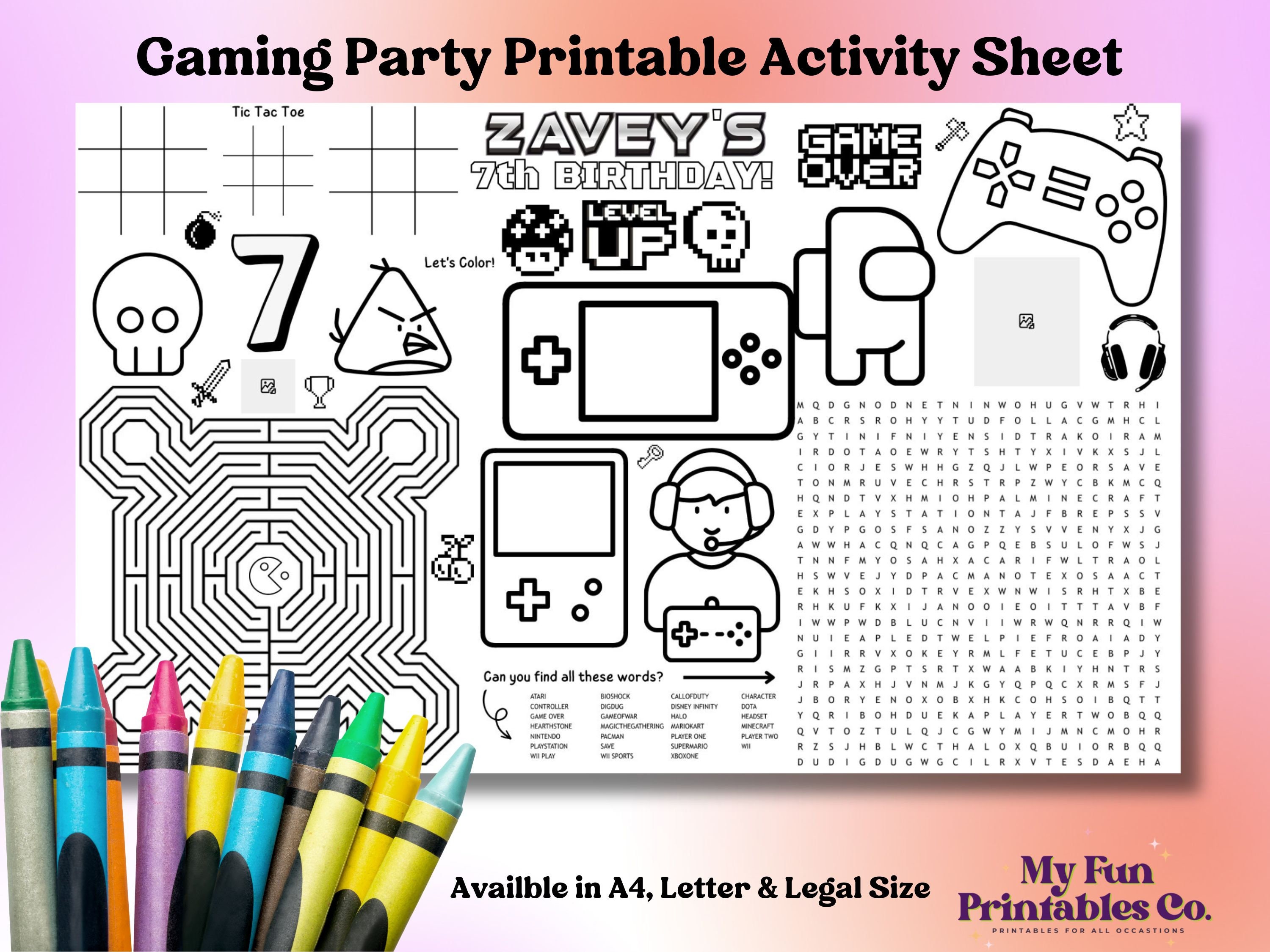 Printable Activity Sheet, Gaming Party Printable, Gaming Party Decor ...