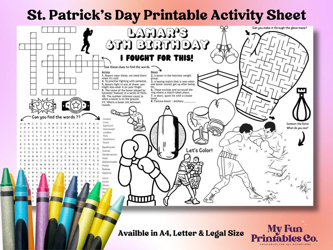 Printable Activity Sheet, Boxing Printable, Personalized Party Decor ...