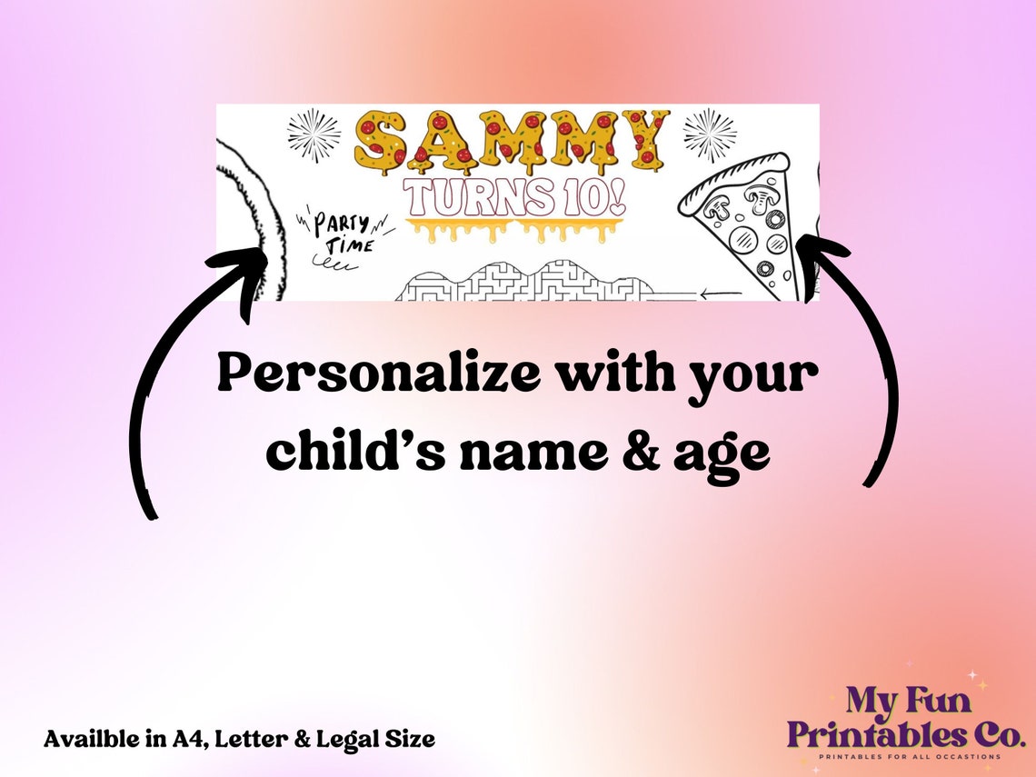 Personalized Pizza Party Activity Sheet: Printable Birthday Coloring ...