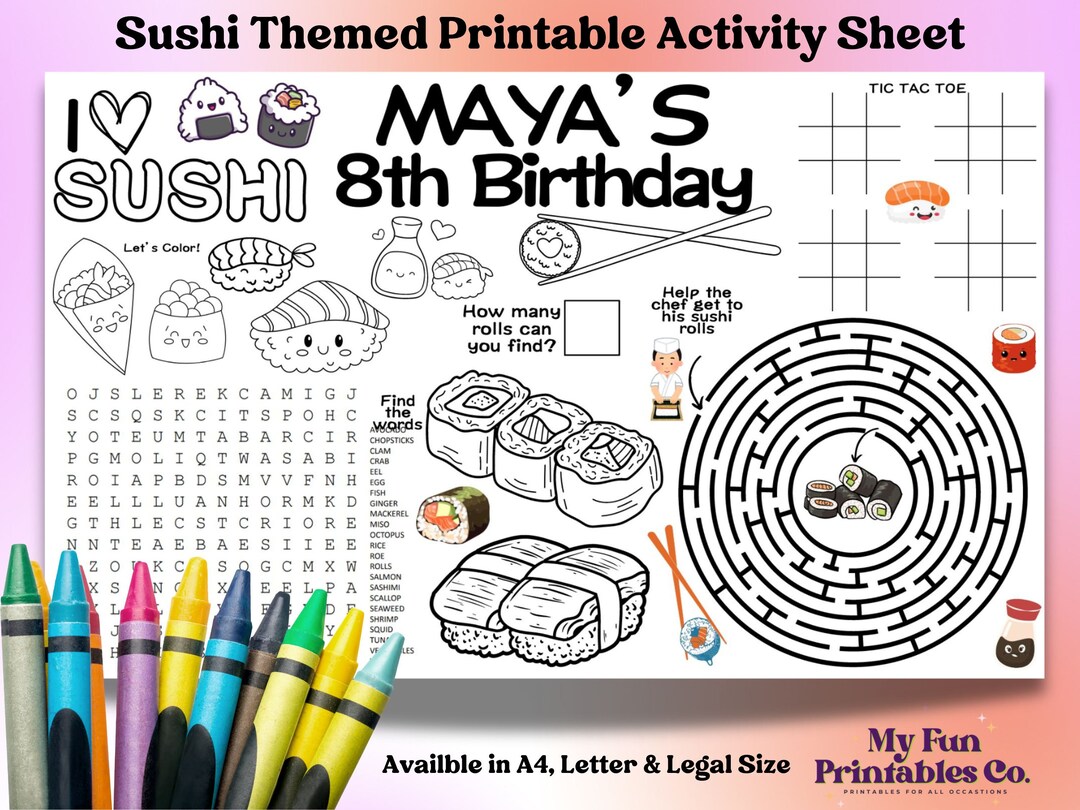 Printable Activity Sheet, Sushi Party Printable, Sushi Party Decor ...