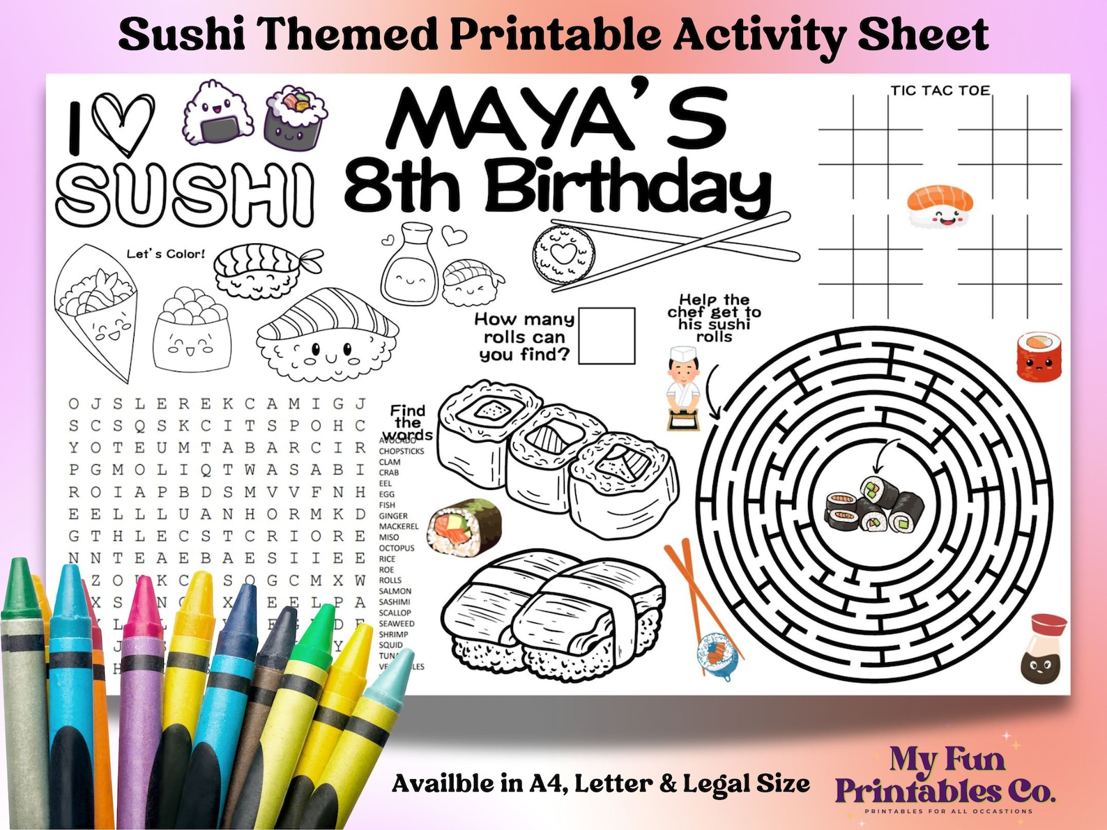 Printable Activity Sheet, Sushi Party Printable, Sushi Party Decor ...