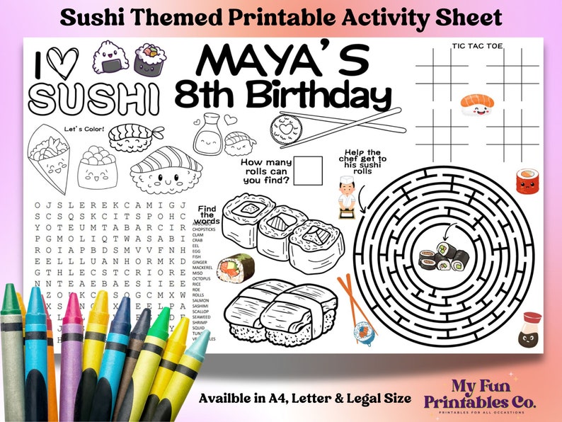 Printable Activity Sheet, Sushi Party Printable, Sushi Party Decor ...