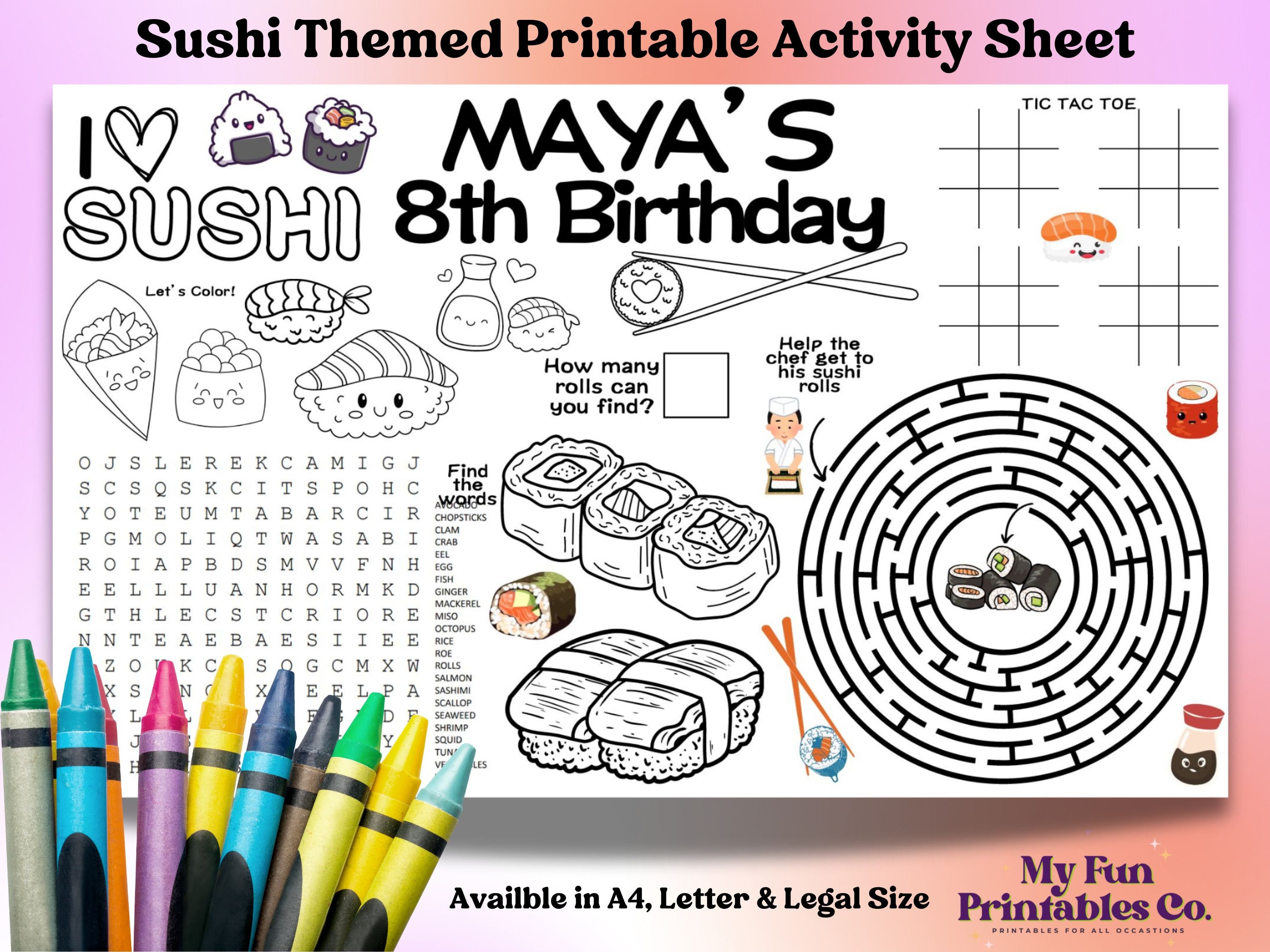 Printable Activity Sheet, Sushi Party Printable, Sushi Party Decor ...